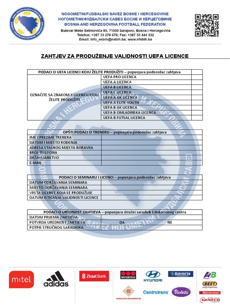 Obrazac Za Produženje Validnosti Uefa Licence | PDF