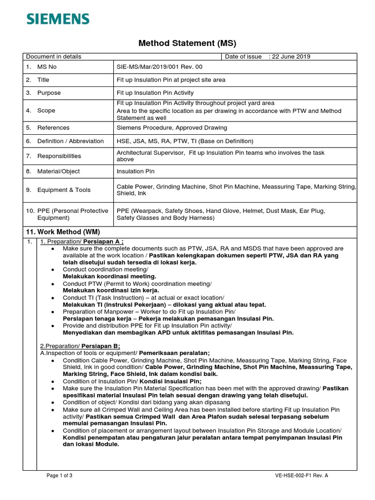 Method Statement - Insulation Pin Rev. 00 | PDF | Personal Protective ...
