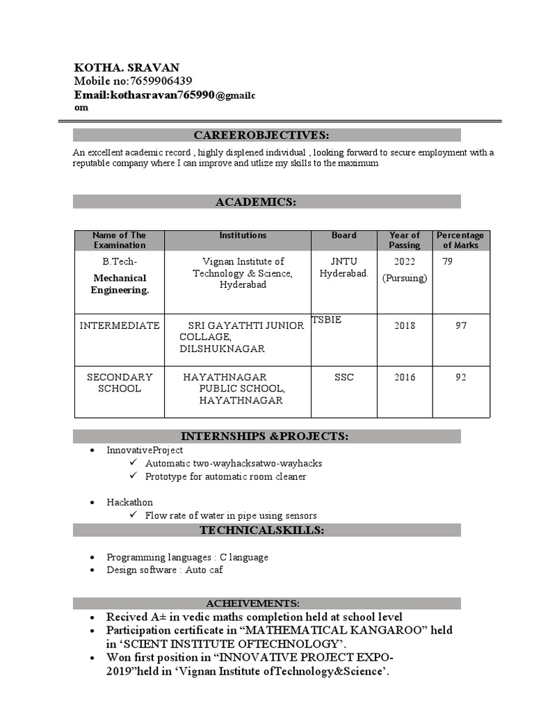 Prashanth Resume Pdf Science And Technology 