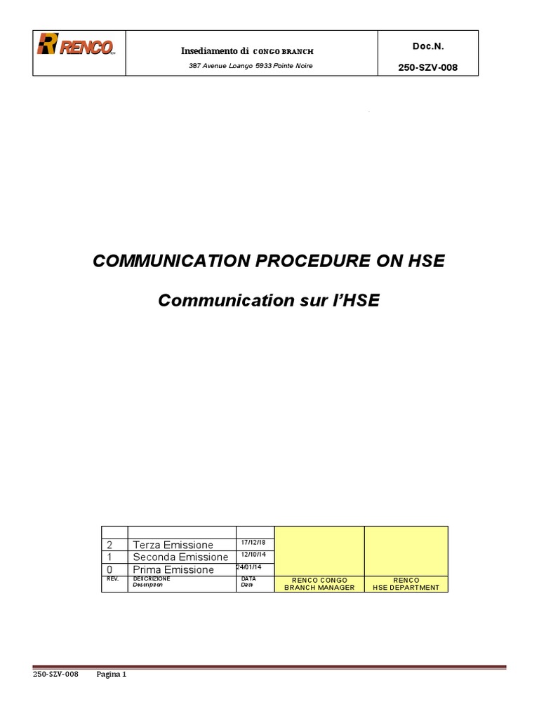 250-SZV-008 Communication Procedure On HSE - Rev02 - Draft | PDF