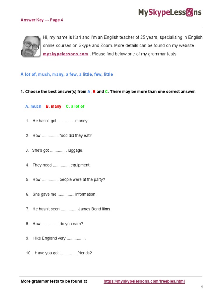 Grammar Test Answer Key for Quantifiers 'A lot of, much, many, a few, a ...