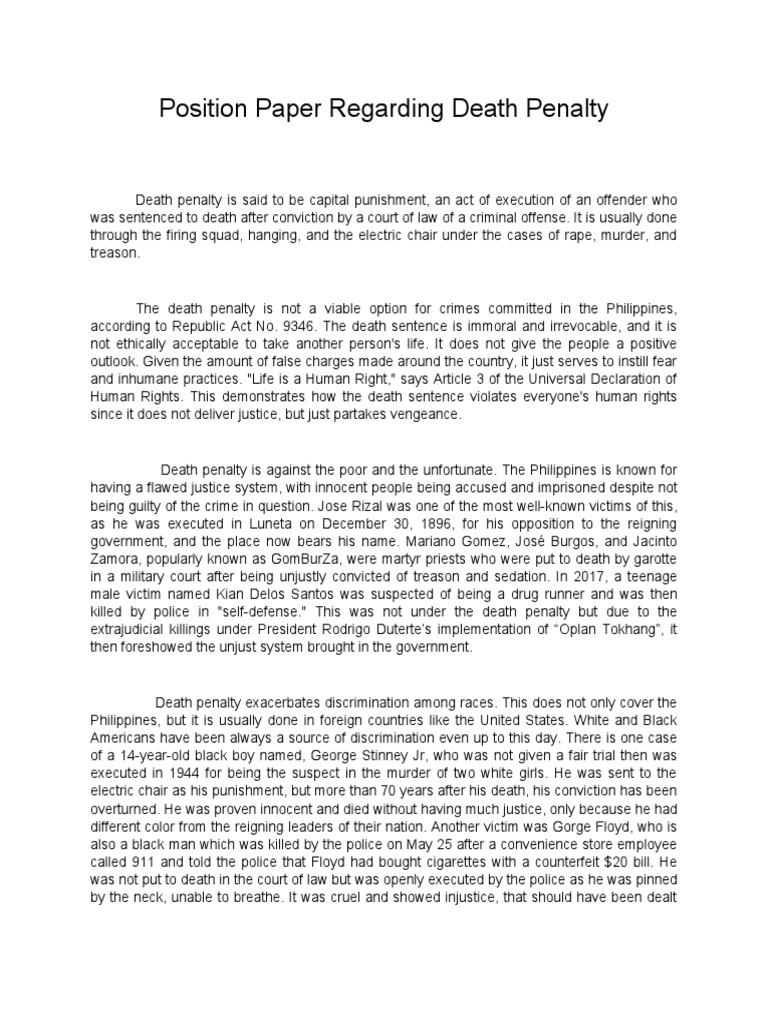 Position Paper Regarding Death Penalty | PDF | Capital Punishment | Justice