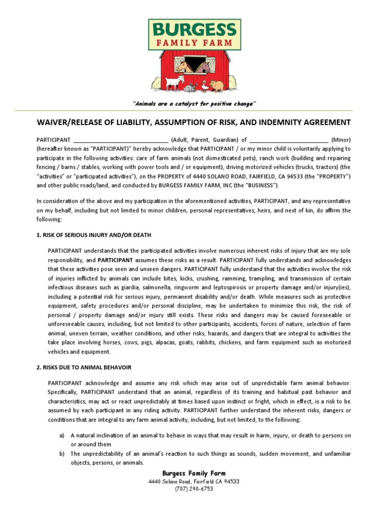 BFF Waiver Release of Liability Assumption of Risk and Indemnity ...