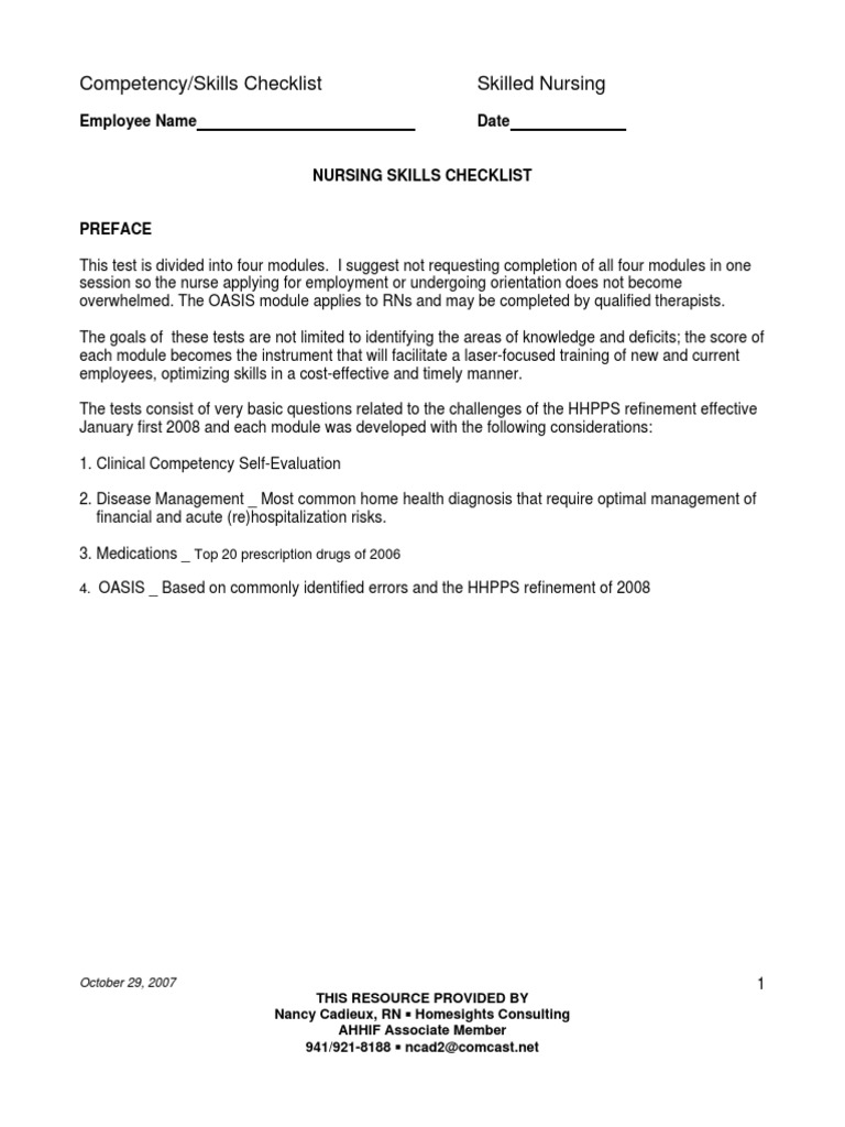 Competency/Skills Checklist Skilled Nursing: Employee Name Date | PDF ...