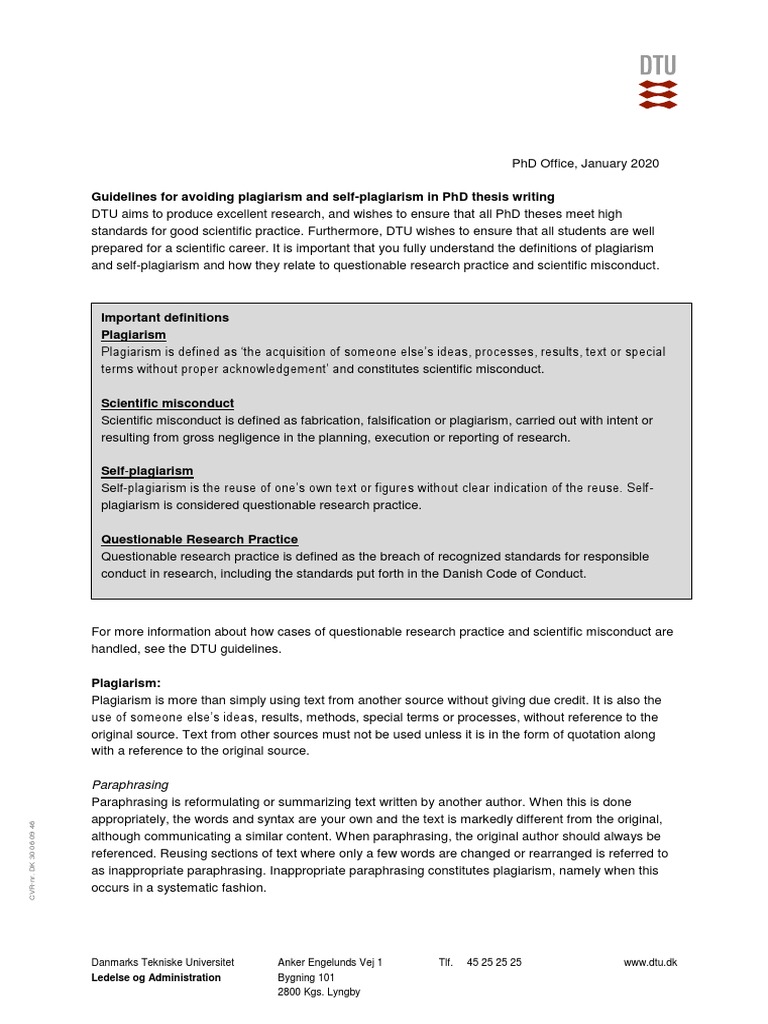 DTU Guidelines For Avoiding Plagiarism and Self Plagiarism in PHD Thesis Writing | PDF ...