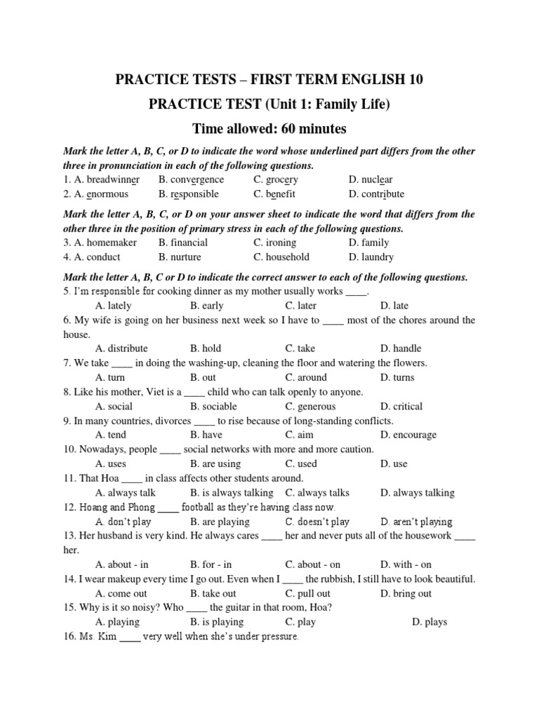 English 10 Family Life Practice Test | PDF | Laughter | Wolfgang ...