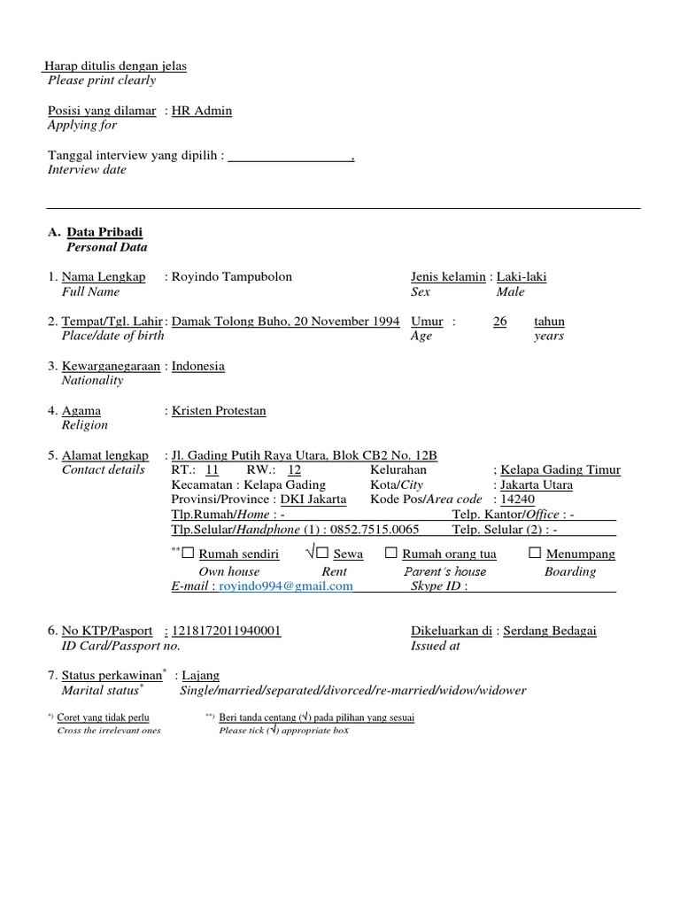 Formulir Data Diri Royindo Tampubolon | PDF