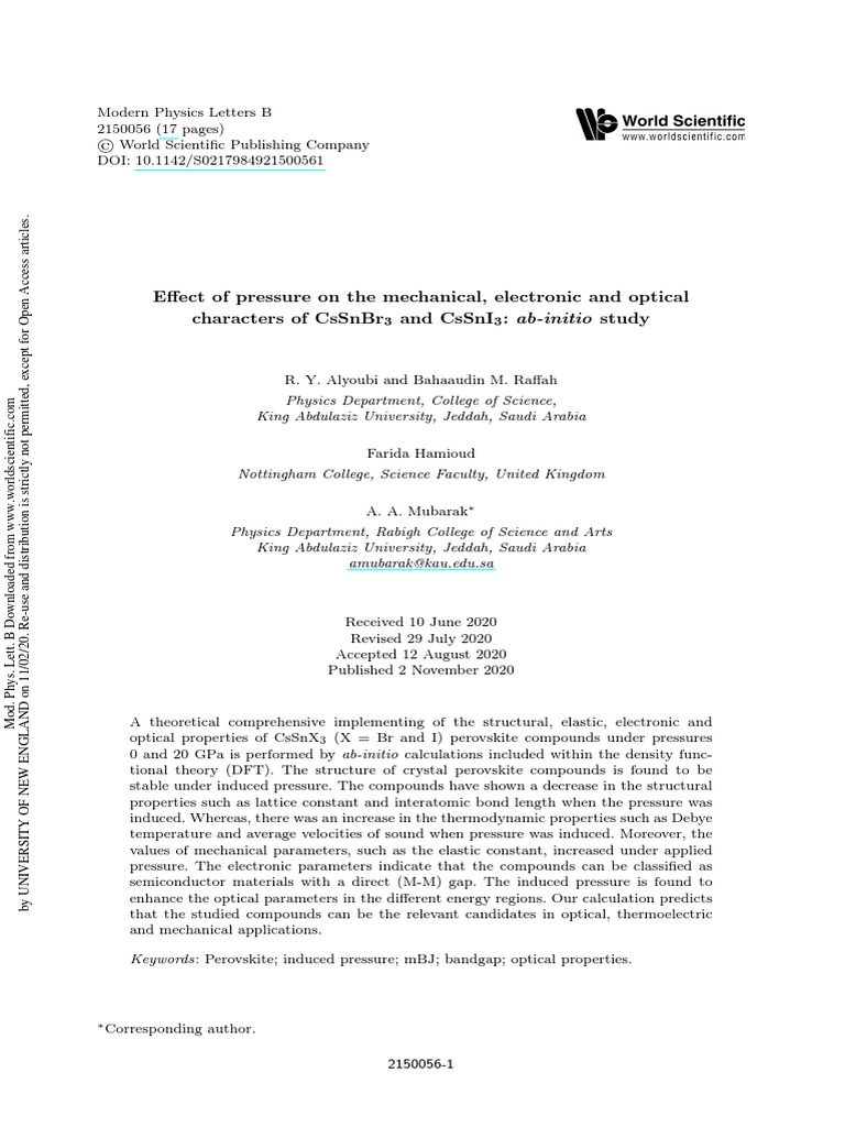 2020 Effect of Pressure On The Mechanical, Electronic and Optical Characters of CsSnBr3 and ...