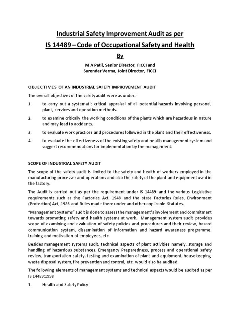 Industrial Safety Audit Guide IS 14489 | PDF | Occupational Safety And ...