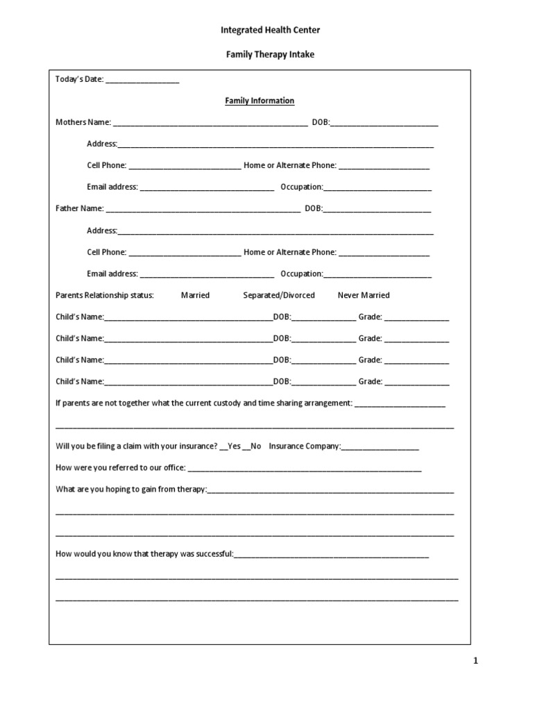 Integrated Health Center Family Therapy Intake | PDF | Psychotherapy ...