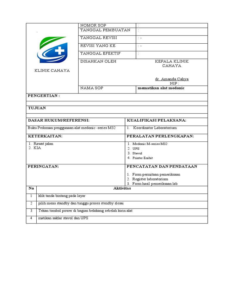Sop Mematikan Alat Medonic | PDF