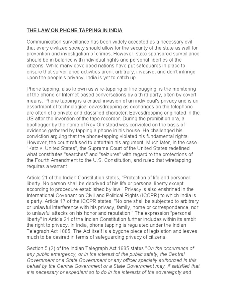 The Law On Phone Tapping in India | PDF | Telephone Tapping | Privacy