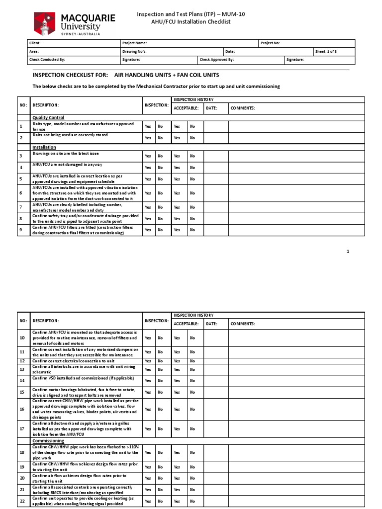 Inspection Checklist For: Air Handling Units + Fan Coil Units | PDF ...