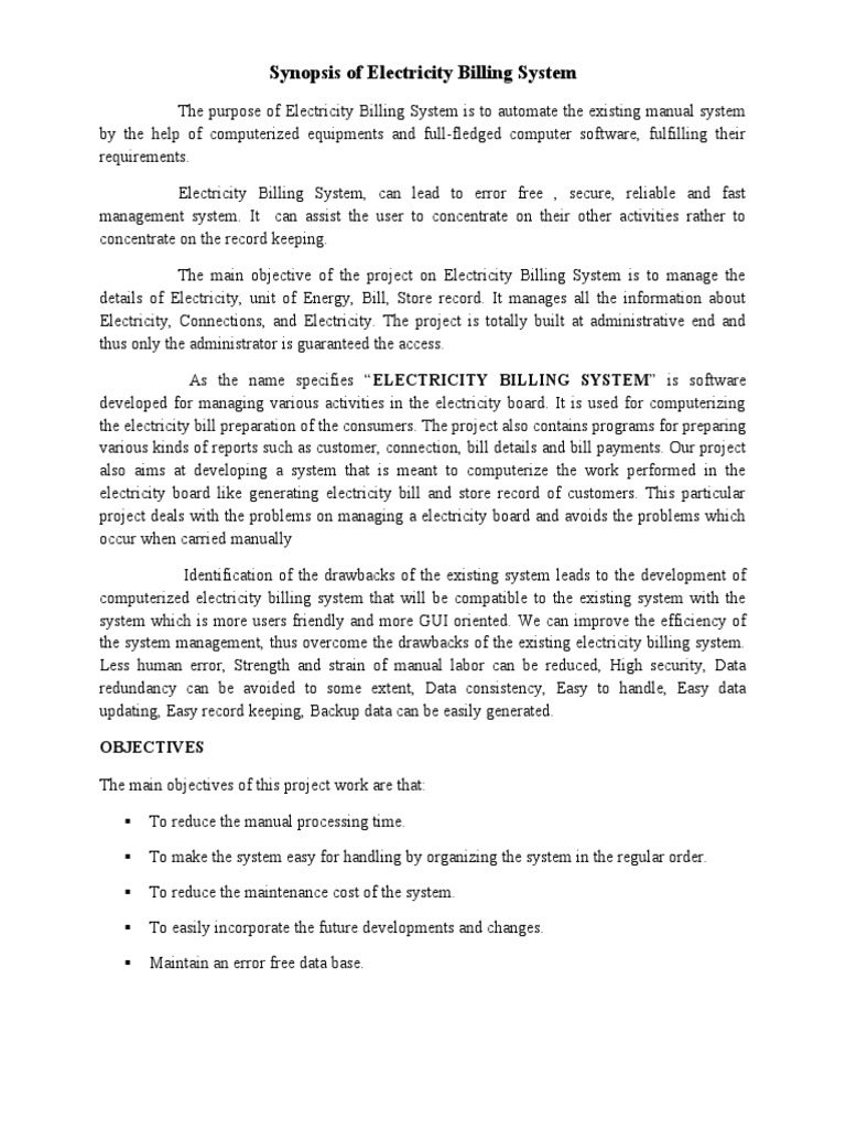 Synopsis of Electricity Billing System: Objectives | PDF | User ...