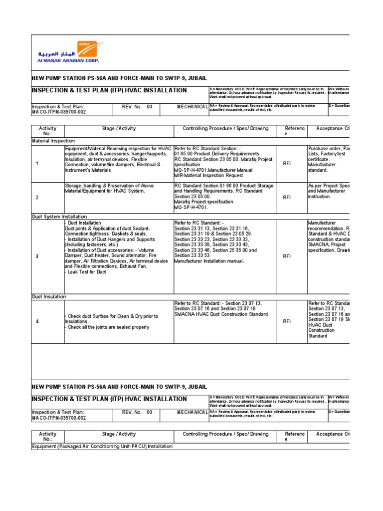 Inspection Amp Test Plan Itp Hvac Installation New Pump Station Ps 56a ...