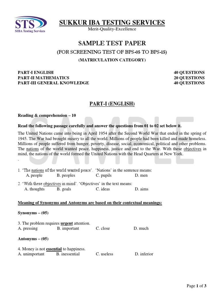 Matriculation Sample Paper | PDF