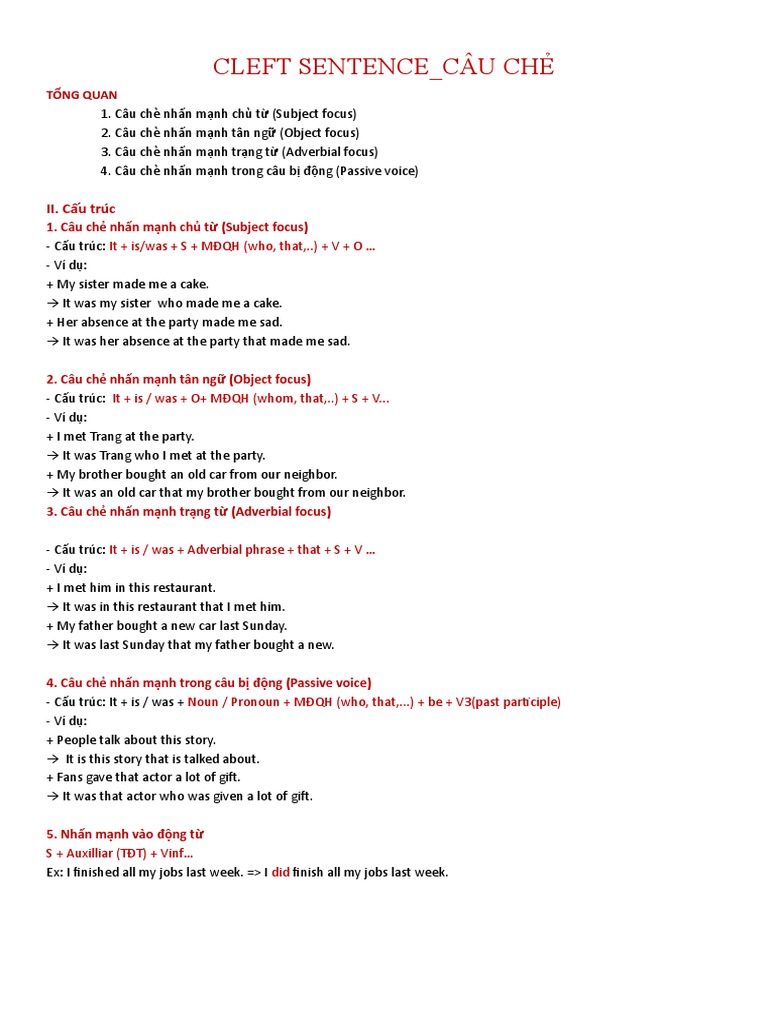 Cleft Sentence - Câu Chẻ | PDF | Sentence (Linguistics) | Subject (Grammar)