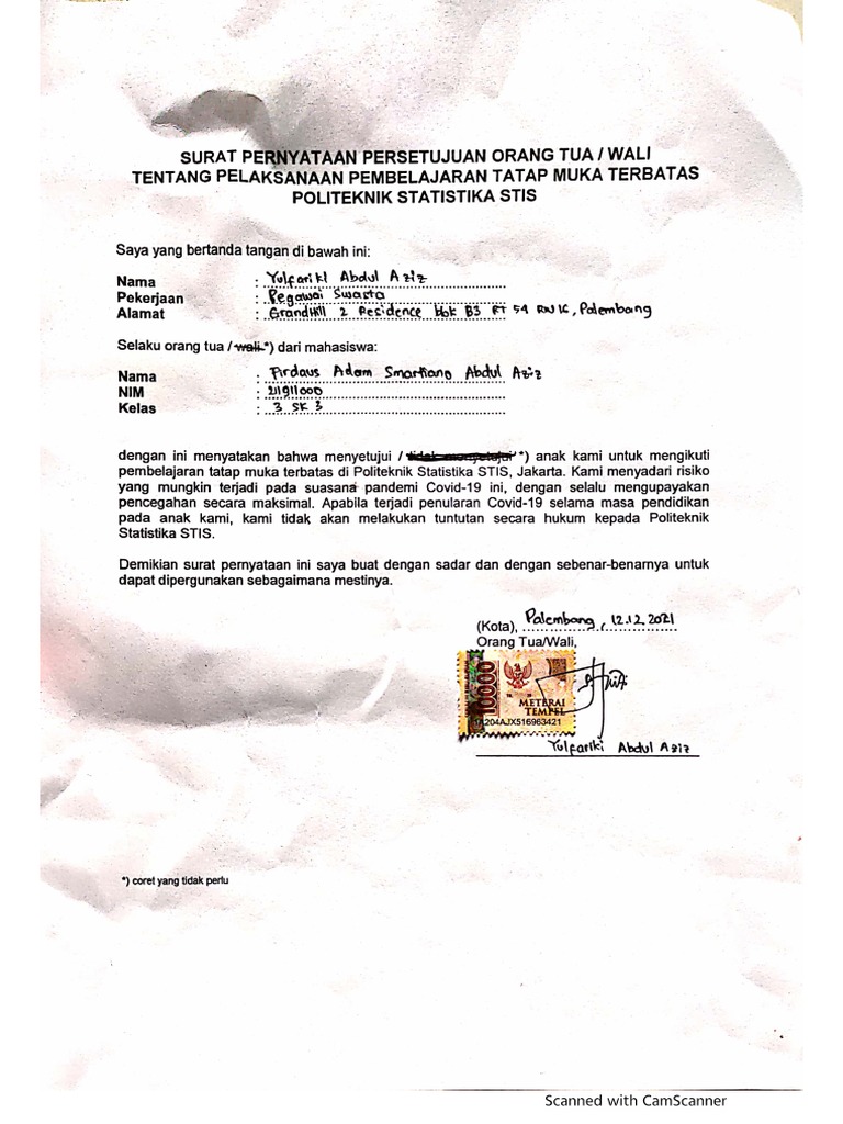 Surat Pernyataan Persetujuan Orang Tua Tentang Pelaksanaan PTMT Politeknik Statistika STIS | PDF