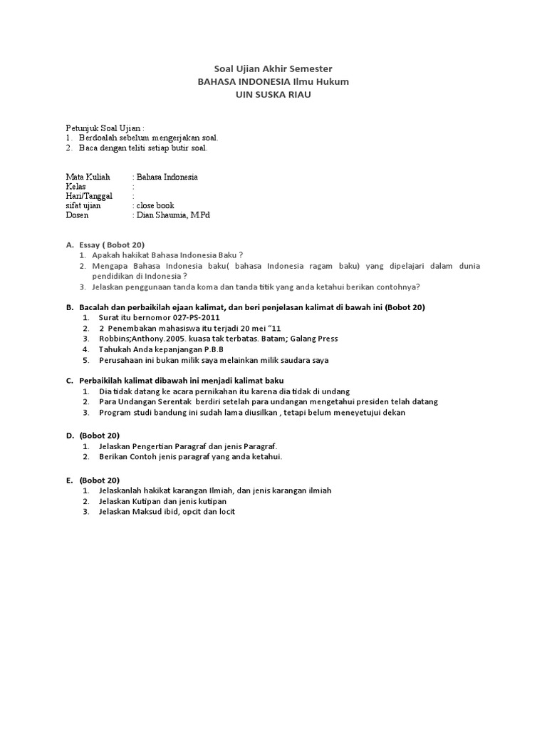 Soal Uas Bahasa Indonesia 2021 | PDF