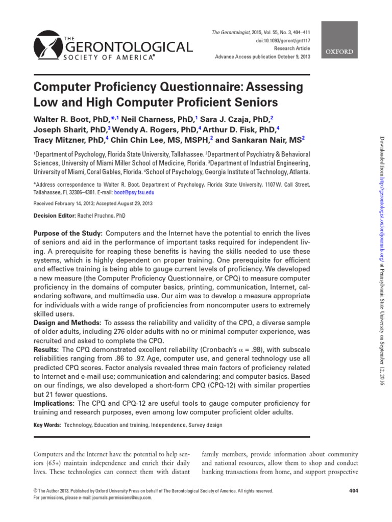 Computer Proficiency Questionnaire: Assessing Low and High Computer ...