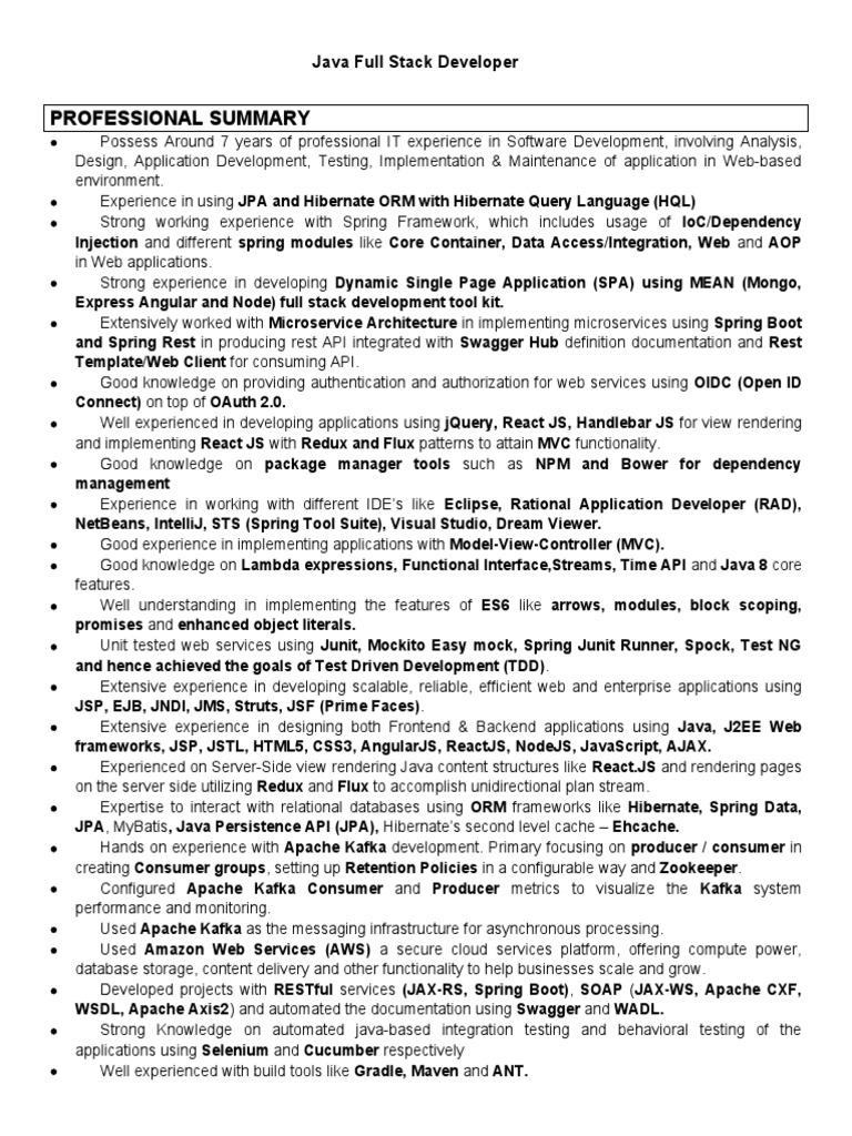 Professional Summary: Java Full Stack Developer | PDF | Angular Js | Spring Framework