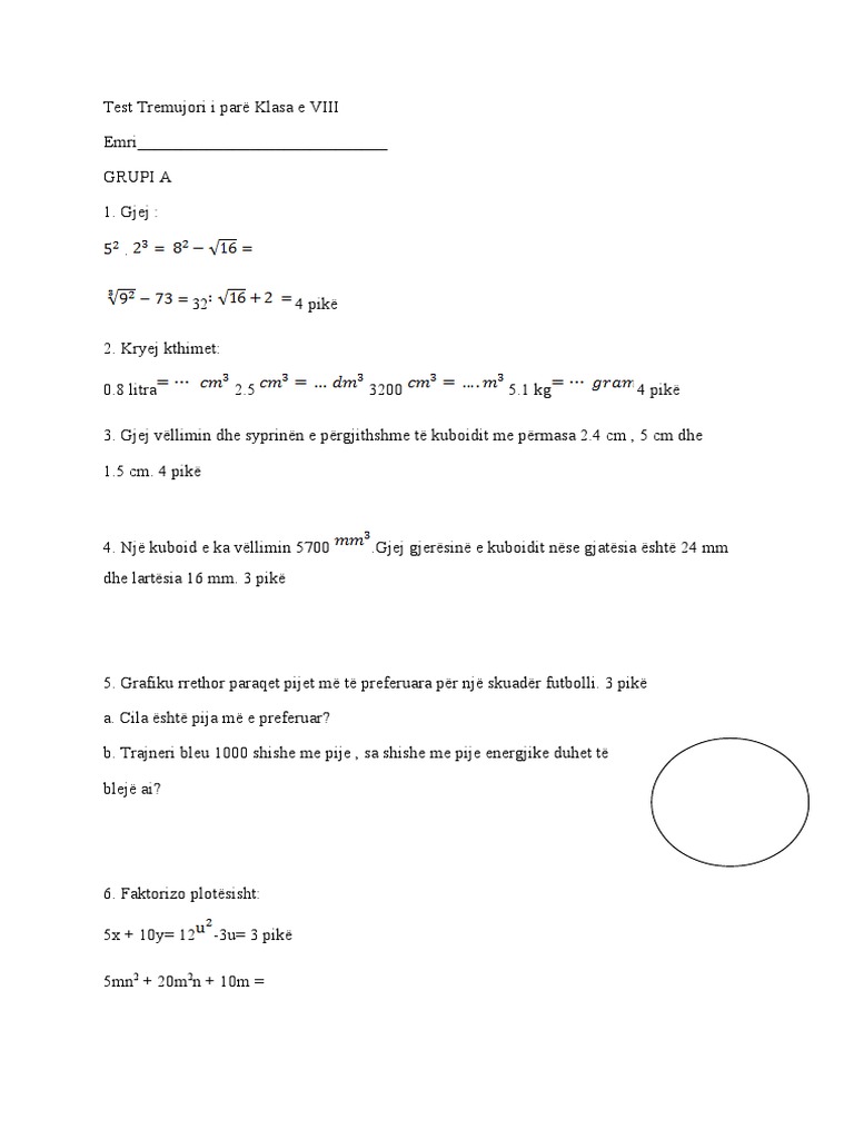 4 Teste Tremujori I Matematika 8 Grupi A, B, C, D | PDF