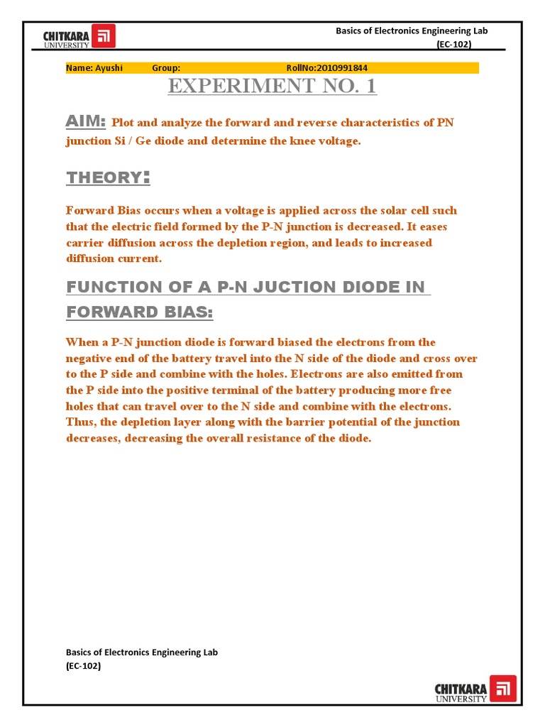 Experiment No. 1: Aim: Theory | PDF | P–N Junction | Diode