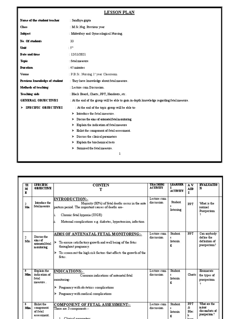 Lesson Plan of Fetal Measure | PDF | Prenatal Development | Pregnancy