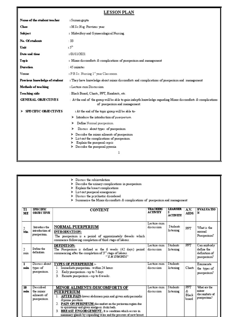 Lesson Plan: Venue: P.B.Sc. Nursing 1 Year Classroom | PDF | Postpartum ...
