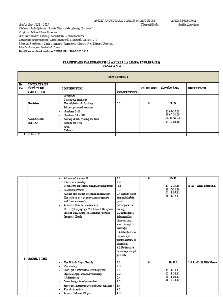 Engleza Clasa A 5 A 2021-2022 | PDF | Linguistics | Human Communication