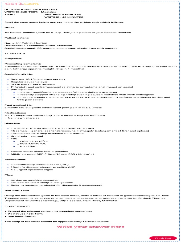 OET Writing Task: Medical Referral | PDF | Inflammatory Bowel Disease ...