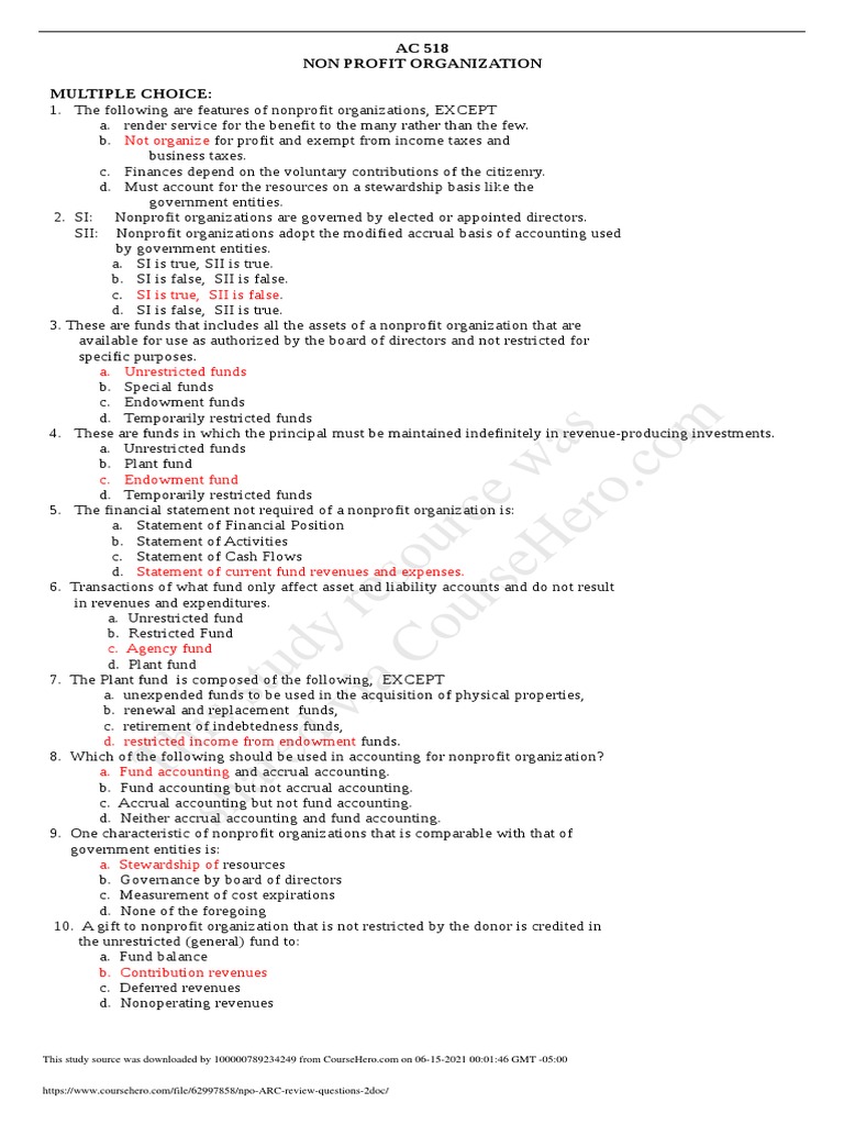 Npo ARC Review Questions 2 | PDF | Fund Accounting | Nonprofit Organization