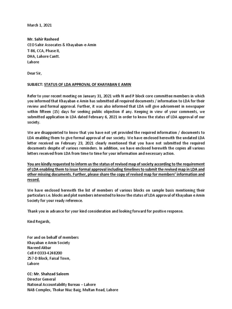 Letter For Status of LDA Approval (Sahir Associate) March 1, 2021 With ...