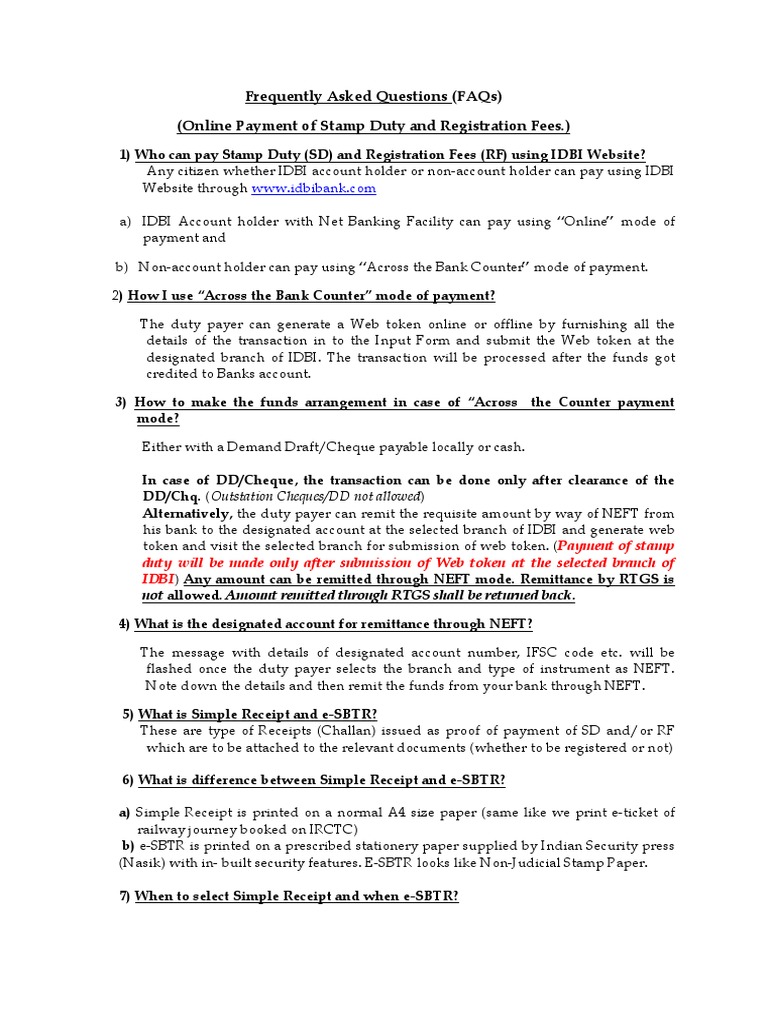 Frequently Asked Questions (Faqs) (Online Payment of Stamp Duty and ...