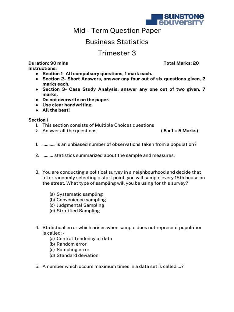 Business Statistics - Mid Term Set 1-1 | PDF | Statistics | Sampling ...