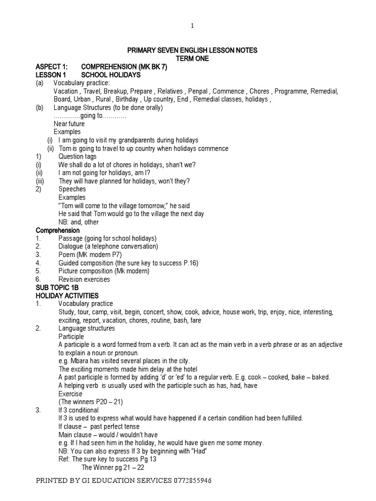 P7 English Lesson Notes Comprehension MK BK 7 | PDF | Verb | Plural