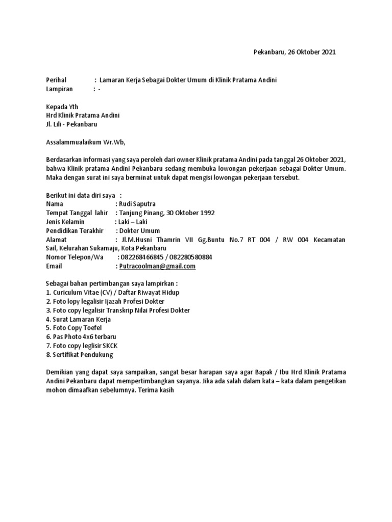 Lamaran Kerja Klinik Pratama Andini | PDF