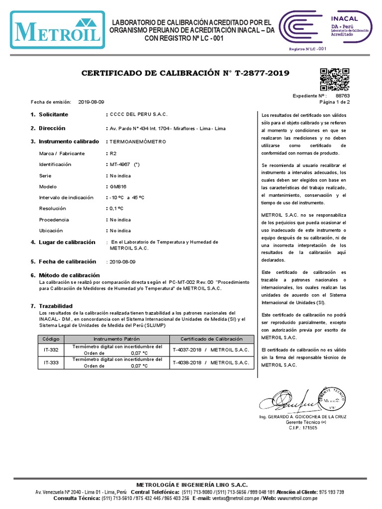 Calibration Certificate for a Thermometer Issued by an Accredited ...
