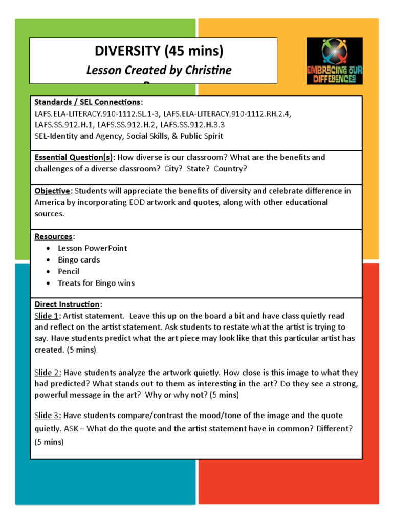 DIVERSITY (45 Mins) : Lesson Created by Christine Braun | PDF | Lesson ...