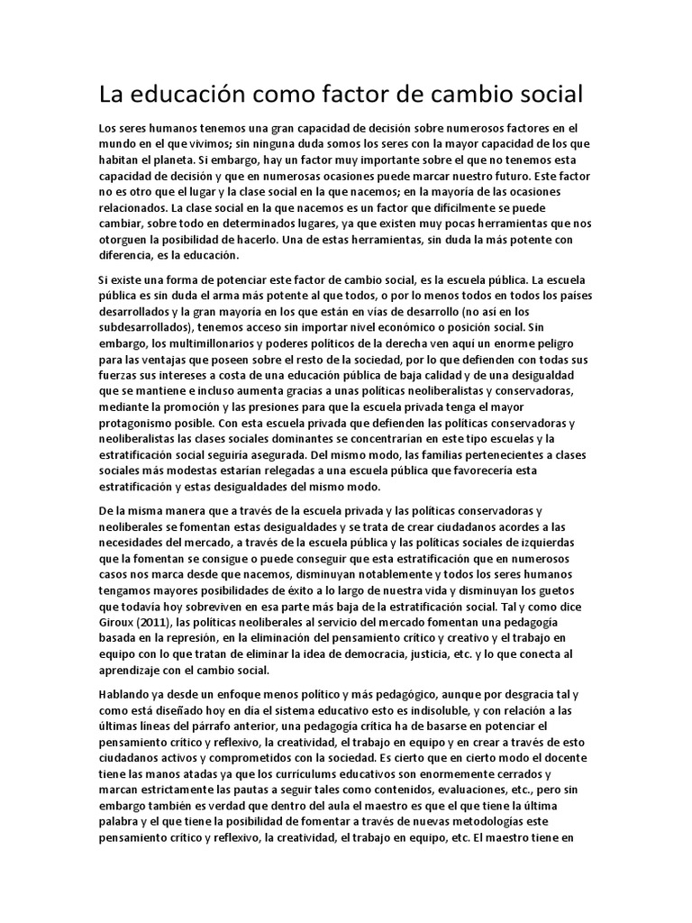 La Educación Como Factor De Cambio Social Pdf Desigualdad Social