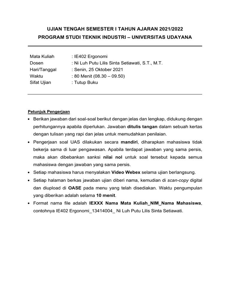 Soal UTS IE402 Ergonomi | PDF