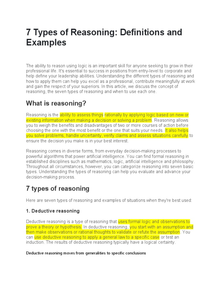 7 Types Of Reasoning PDF Reason Inductive Reasoning