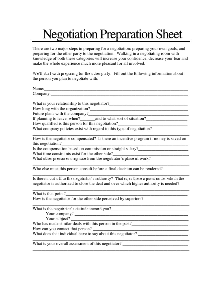 Negotiation Preparation Sheet | PDF | Negotiation | Action (Philosophy)