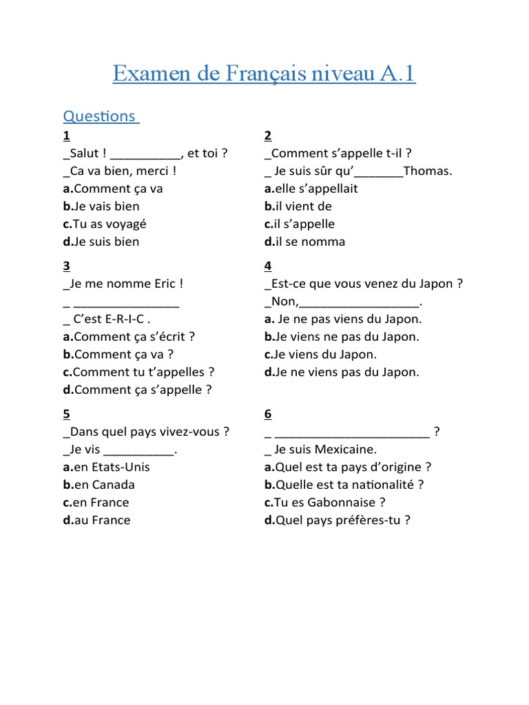 Examen de Français A1 avec Questions | PDF