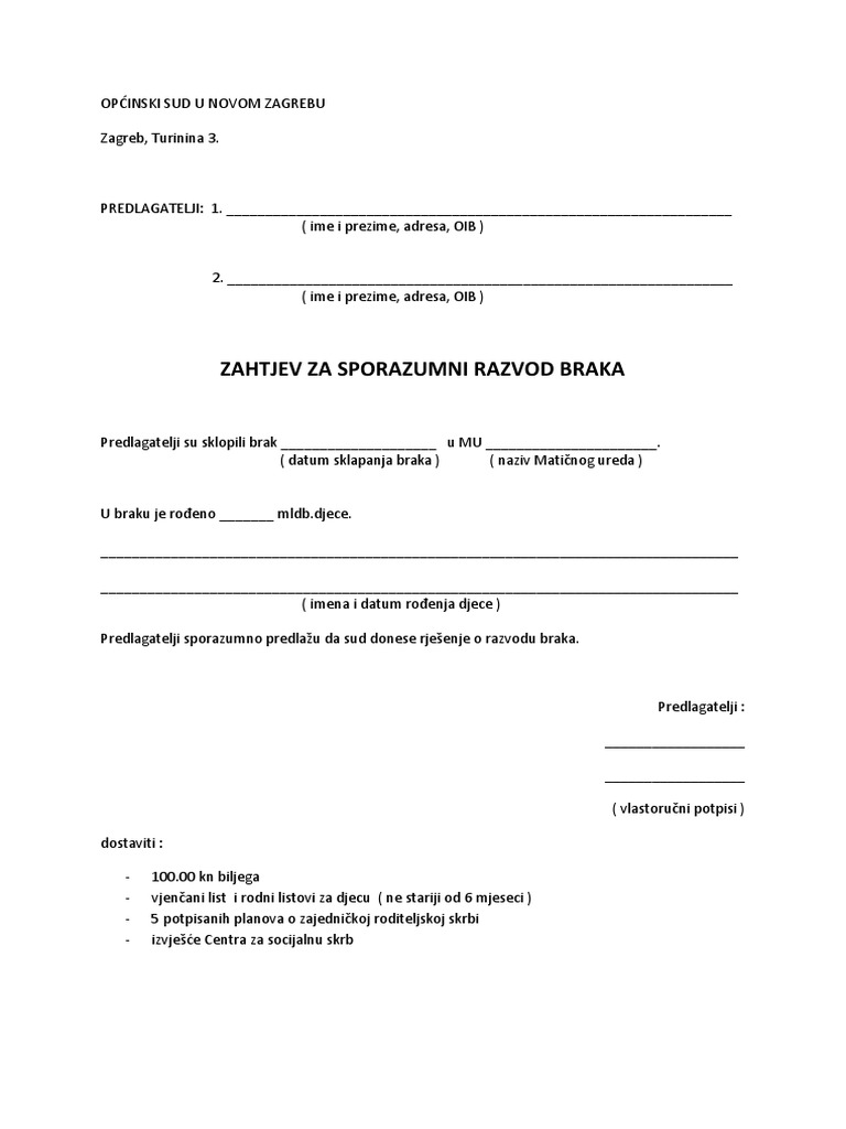Zahtjev Za Sporazumni Razvod Braka | PDF
