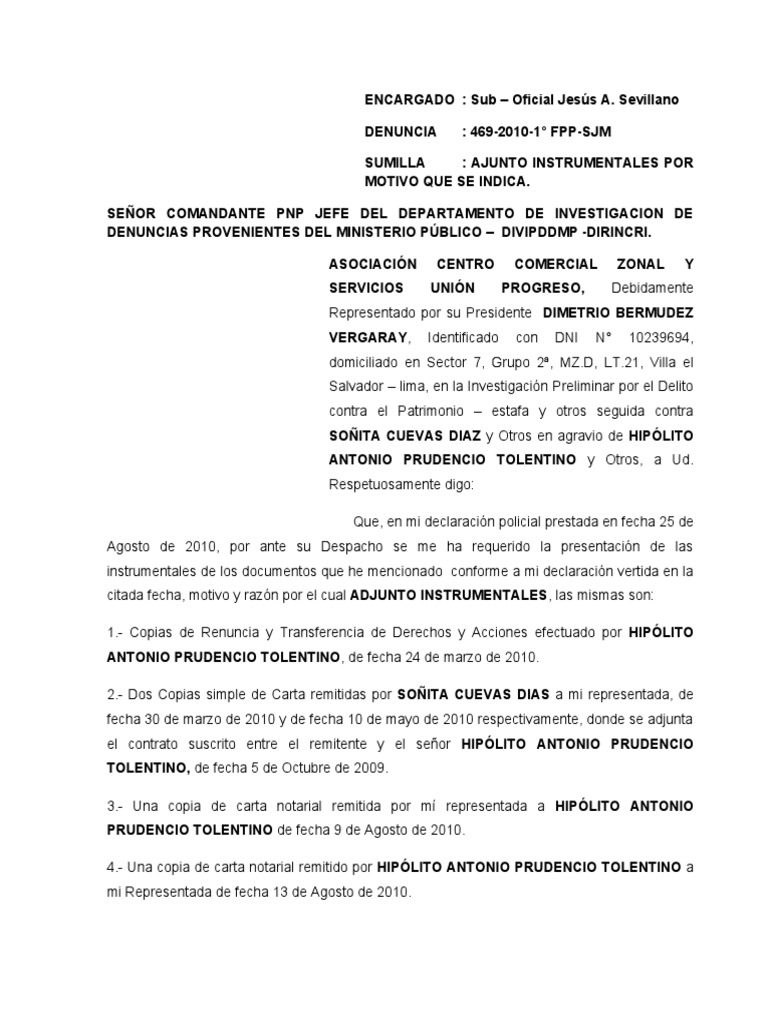 Adjunta Instrumentales A La Comisaria Pnp. | PDF