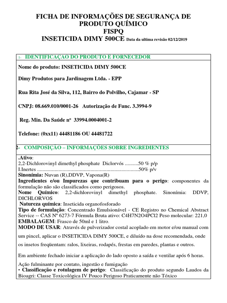 Inseticida (DDPV Dimy) | PDF | Embalagem e rotulagem | Primeiros socorros