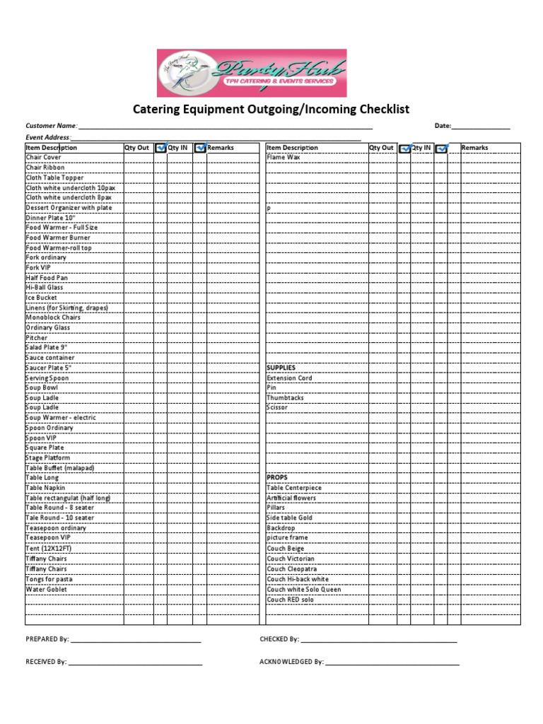 Catering Equipment Outgoing/Incoming Checklist | PDF | Spoon | Foods