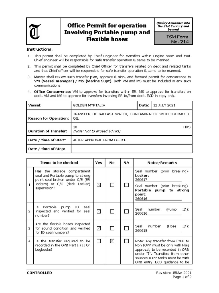 TSM Form 214 - Office Permit For Operation Involving Portable Pump and ...