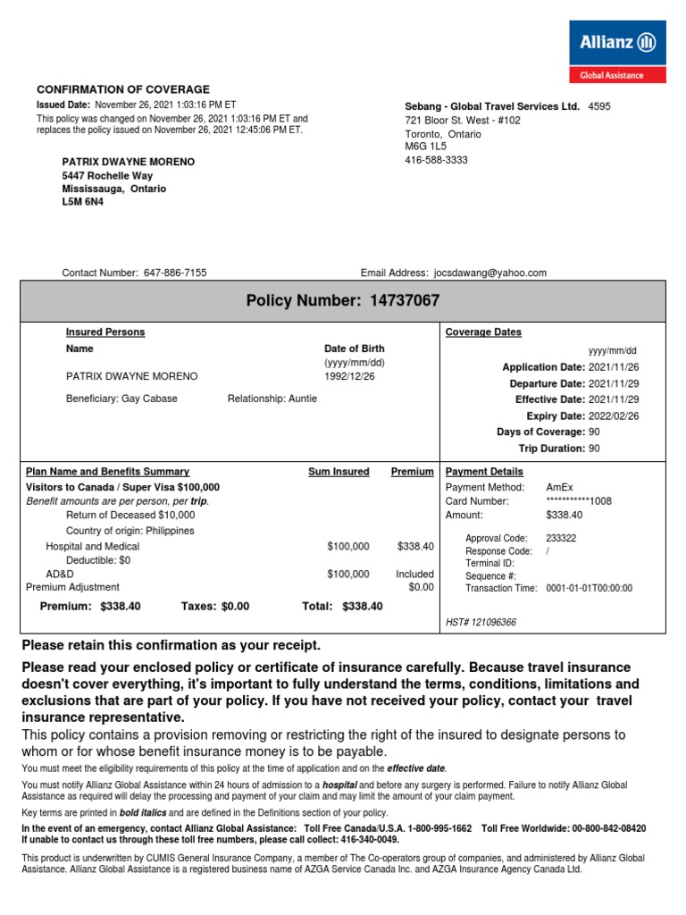 Policy 14737067 Confirmation of Coverage | PDF | Insurance | Service ...